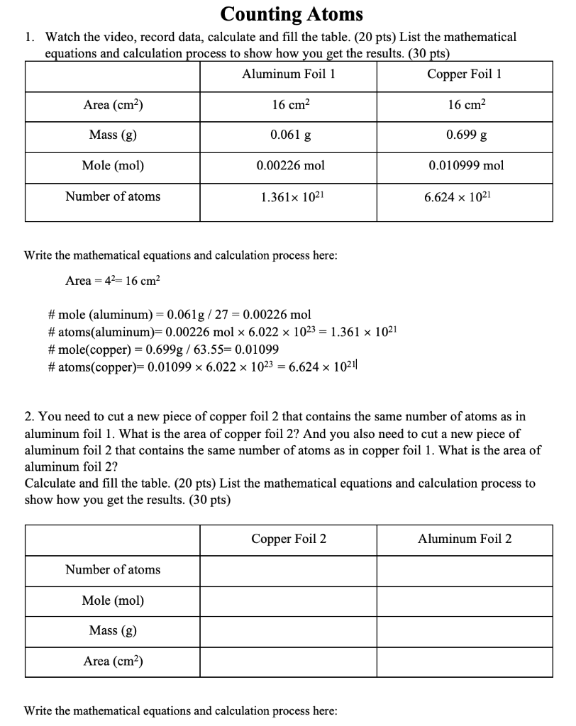 Solved Counting Atoms 1. Watch the video, record data, | Chegg.com