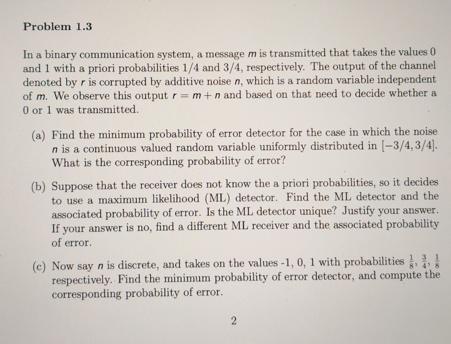 Problem 1.3 In a binary communication system, a | Chegg.com