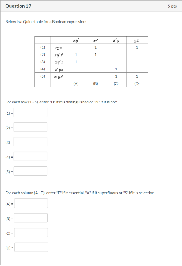 Question 19 5 pts Below is a Quine table for a | Chegg.com