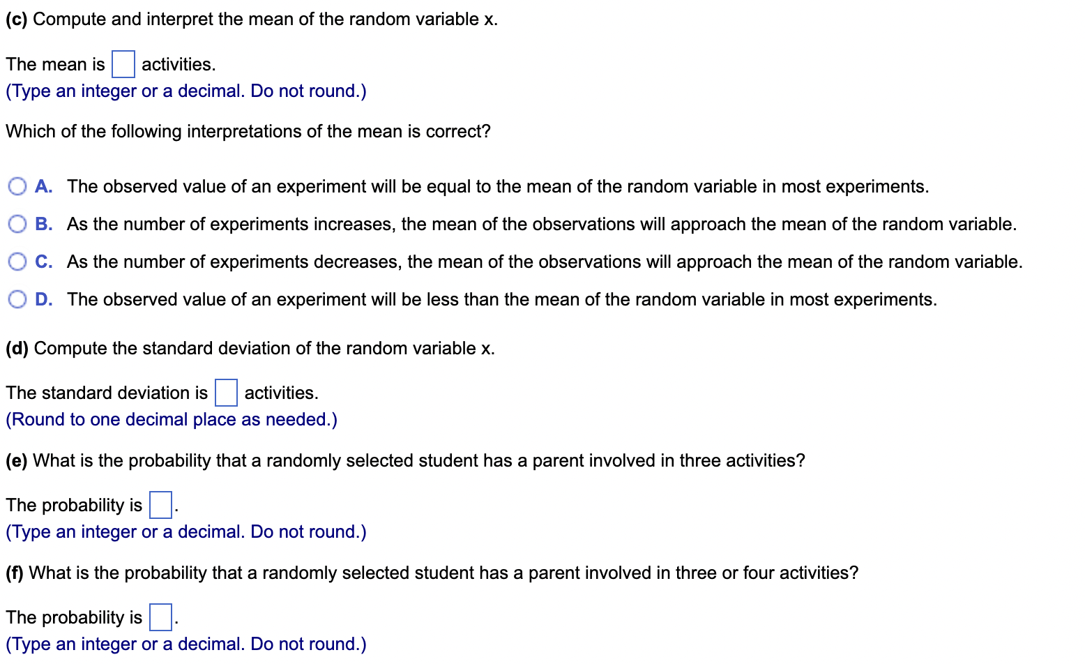 Solved (c) Compute and interpret the mean of the random | Chegg.com