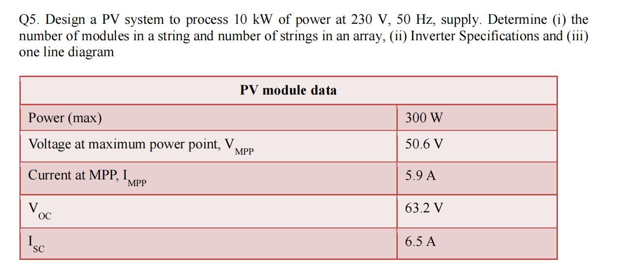 Solved Q5. Design a PV system to process 10 kW of power at | Chegg.com
