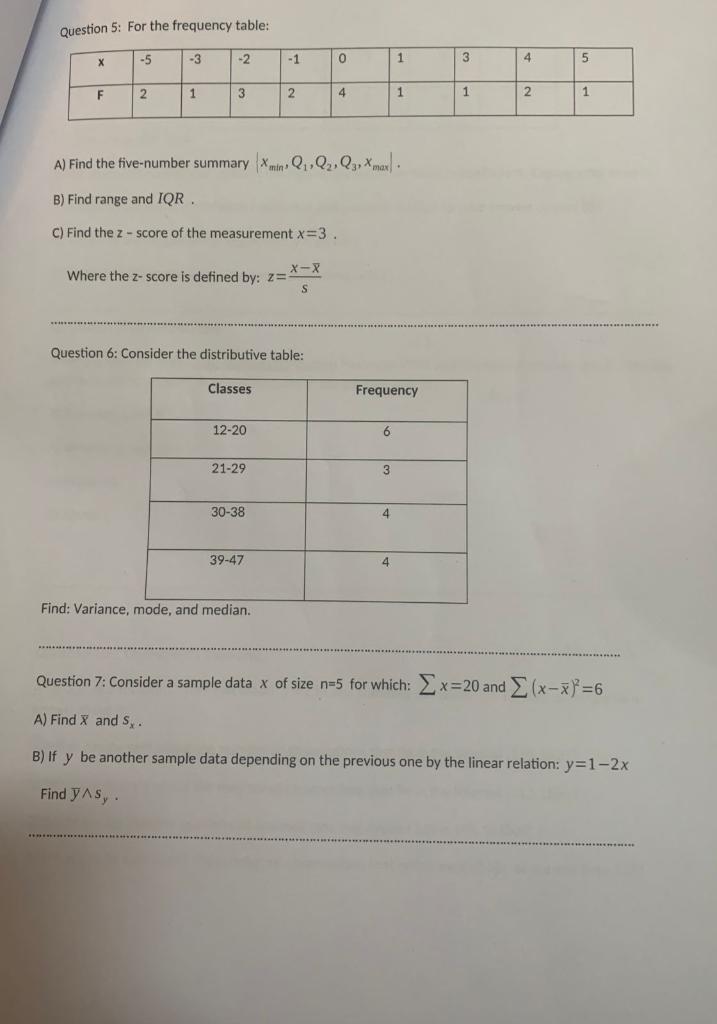Solved Question 5: For the frequency table: -5 -3 X -2 -1 0 | Chegg.com