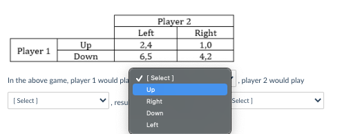 Solved Up Player 2 Left Right 2,4 1,0 6,5 4,2 Player 1 Down | Chegg.com