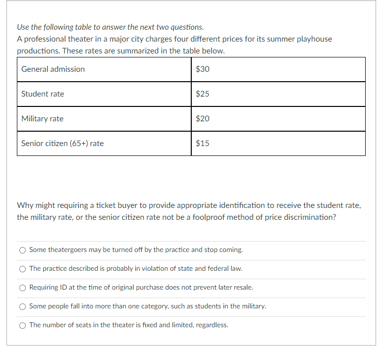 Solved Use the following table to answer the next two | Chegg.com