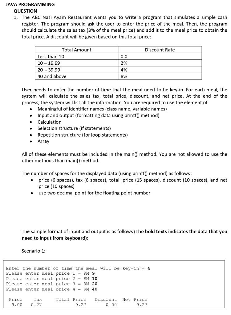 Solved JAVA PROGRAMMING QUESTION 1. The ABC Nasi Ayam | Chegg.com