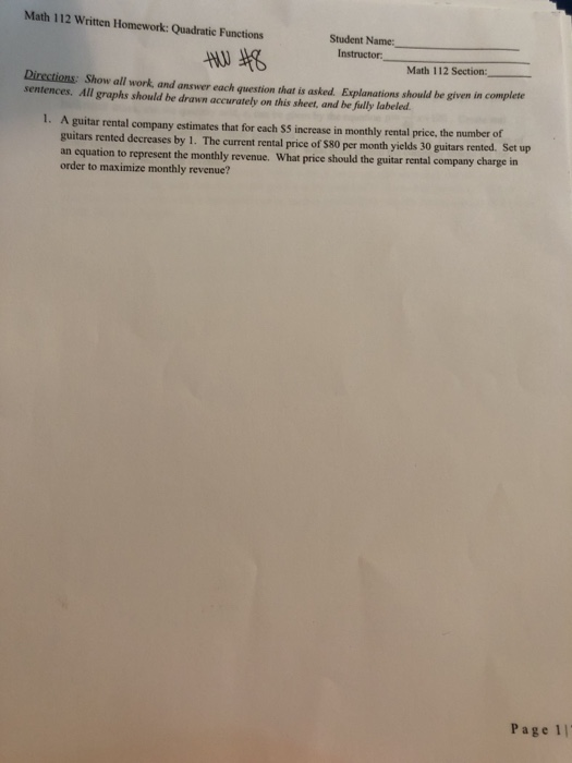 Solved Math 112 Written Homework: Quadratic Functions | Chegg.com