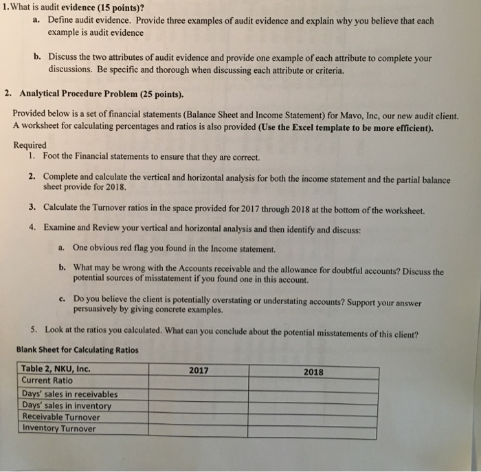 Solved 1. What is audit evidence (15 points)? Define audit | Chegg.com