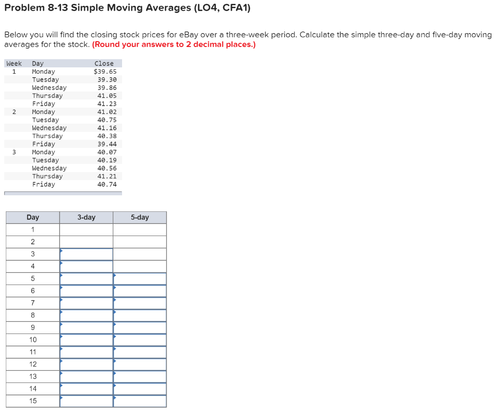 Solved Problem 8-13 Simple Moving Averages (L04, CFA1) Below | Chegg.com