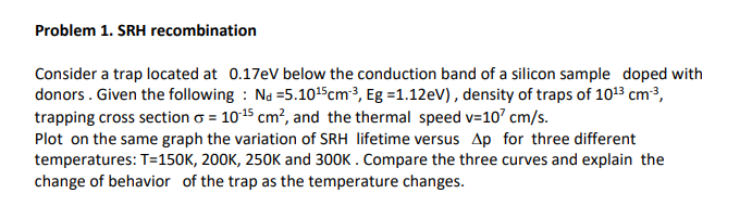 Solved Problem 1. SRH recombination Consider a trap located | Chegg.com