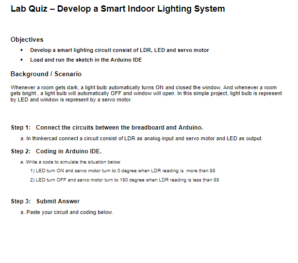 Solved Lab Quiz - Develop a Smart Indoor Lighting System | Chegg.com