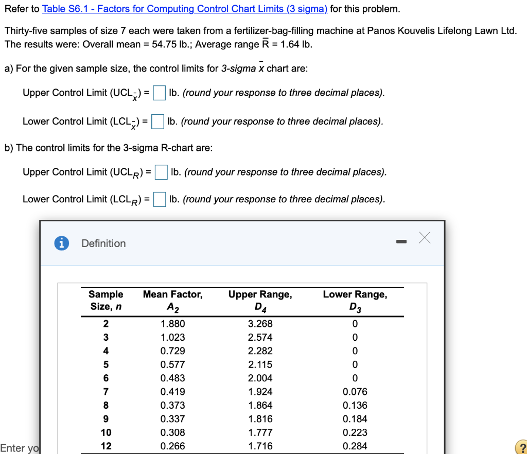 Solved Refer to Table S6.1 - Factors for Computing Control | Chegg.com
