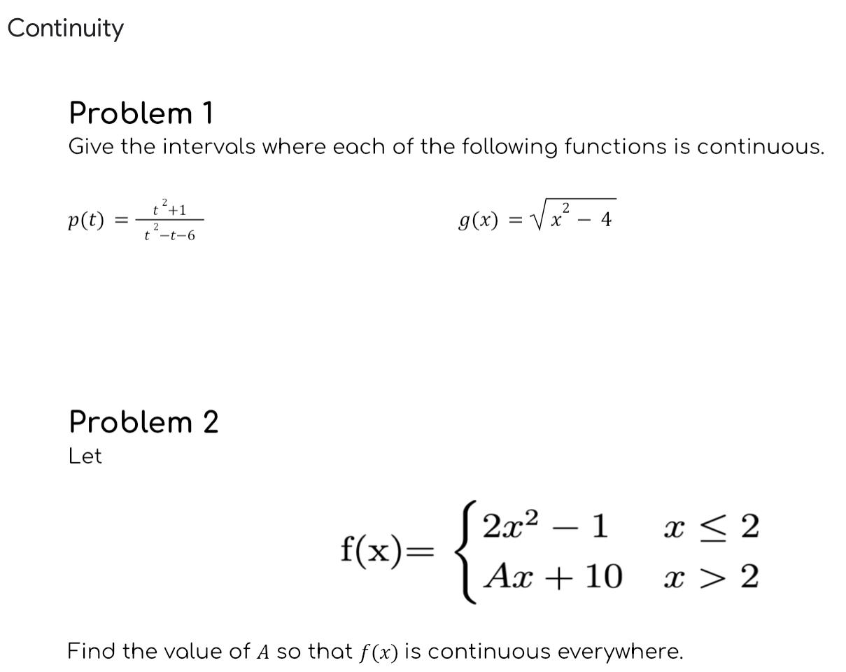Solved Continuity Problem 1 Give the intervals where each of | Chegg.com