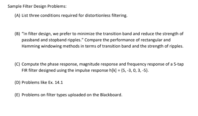 Sample Filter Design Problems: (A) List three | Chegg.com