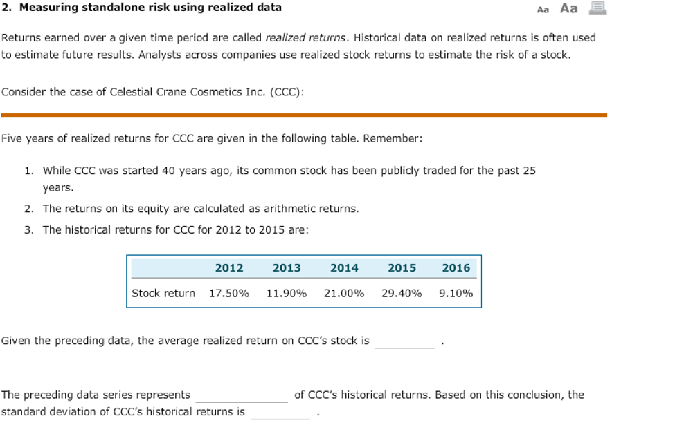 Solved 2. Measuring standalone risk using realized data Aa | Chegg.com