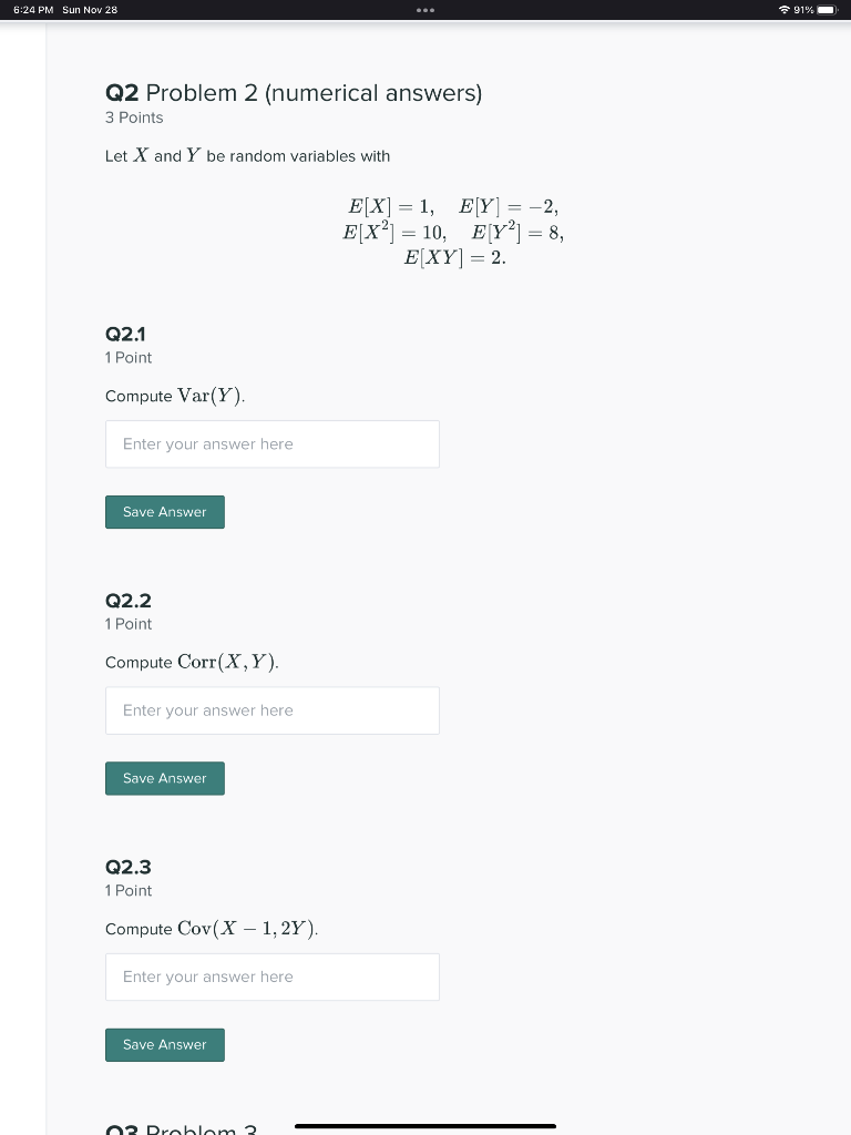 Solved 6:24 PM Sun Nov 28 91% Q2 Problem 2 (numerical | Chegg.com
