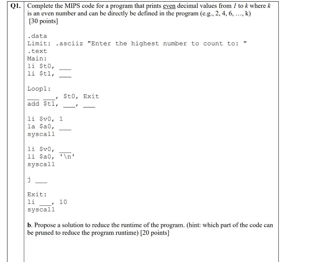 Q1. Complete the MIPS code for a program that prints | Chegg.com