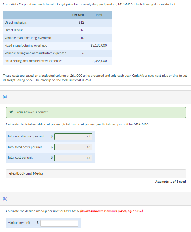 Solved Carla Vista Corporation needs to set a target price | Chegg.com