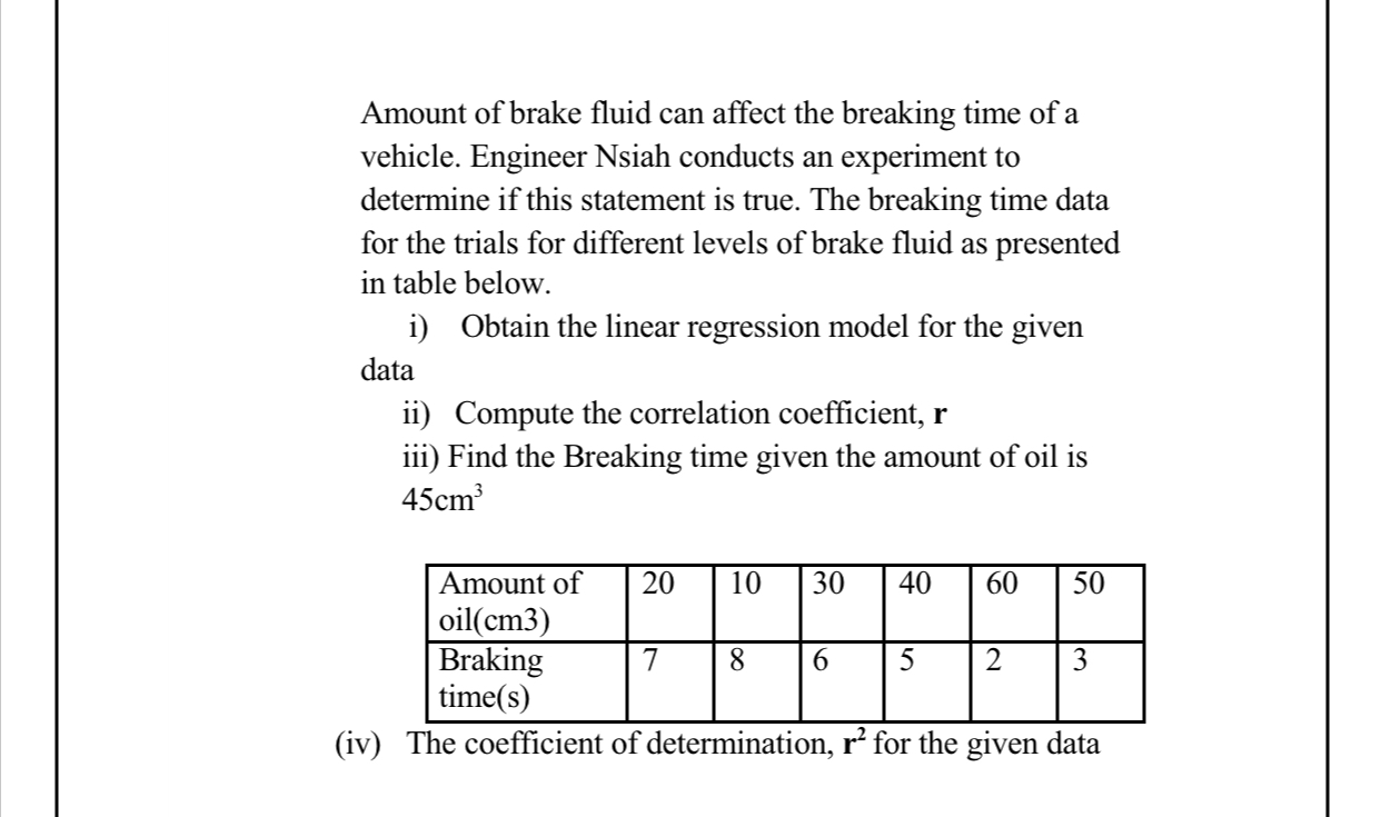 Solved Amount of brake fluid can affect the breaking time of | Chegg.com