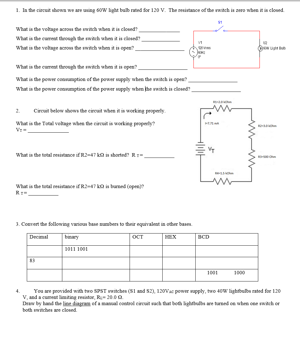 Solved 1. In the circuit shown we are using 60W light bulb | Chegg.com