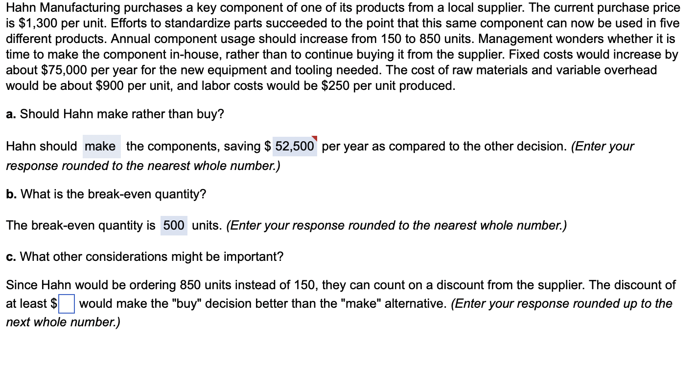 Solved Hahn Manufacturing purchases a key component of one | Chegg.com