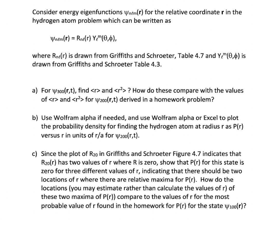 Consider energy eigenfunctions ψnℓm(r) for the | Chegg.com