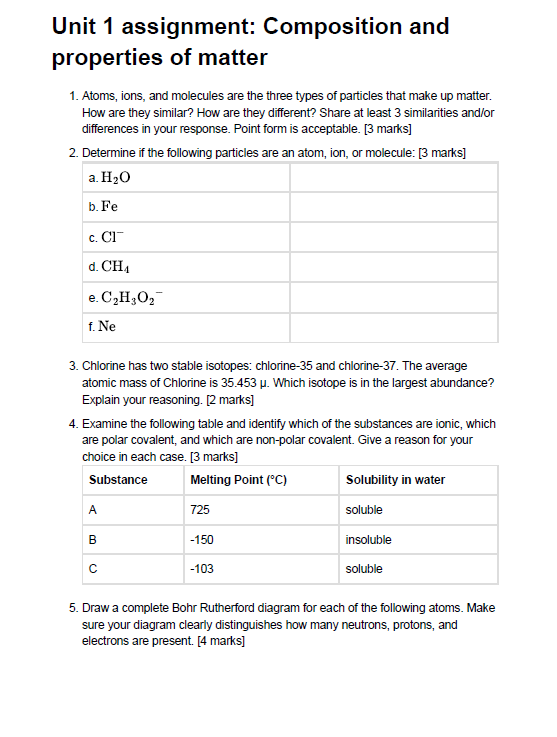 Solved Unit 1 ﻿assignment: Composition and properties of | Chegg.com