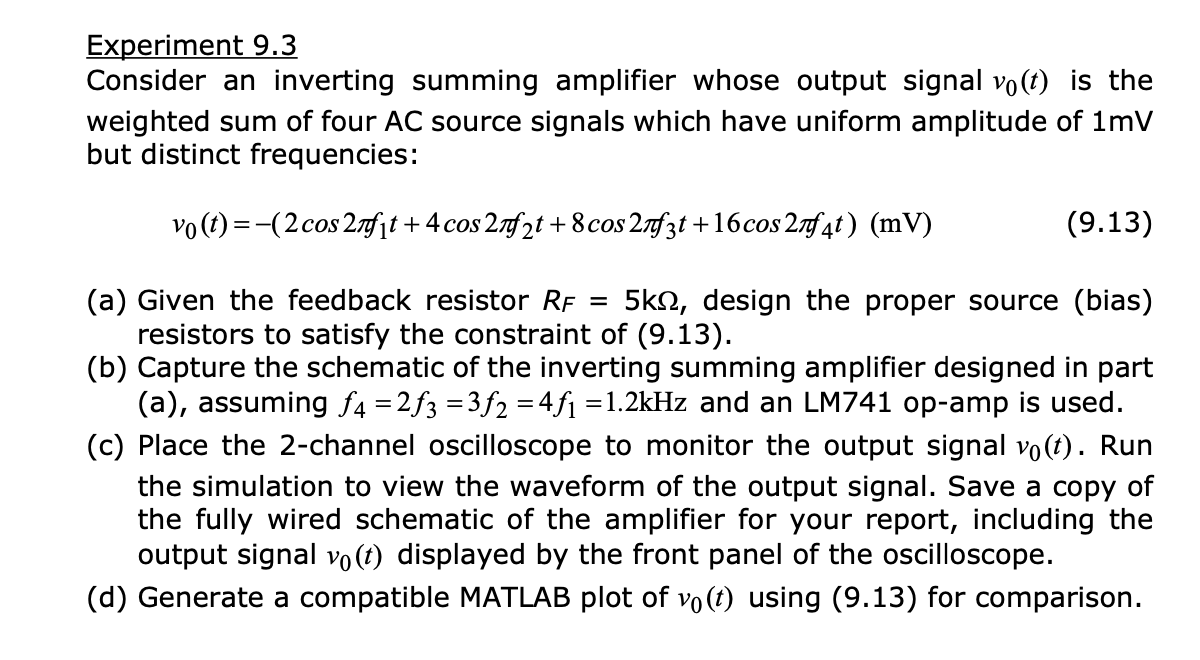 Solved Experiment 9.3 Consider an inverting summing | Chegg.com