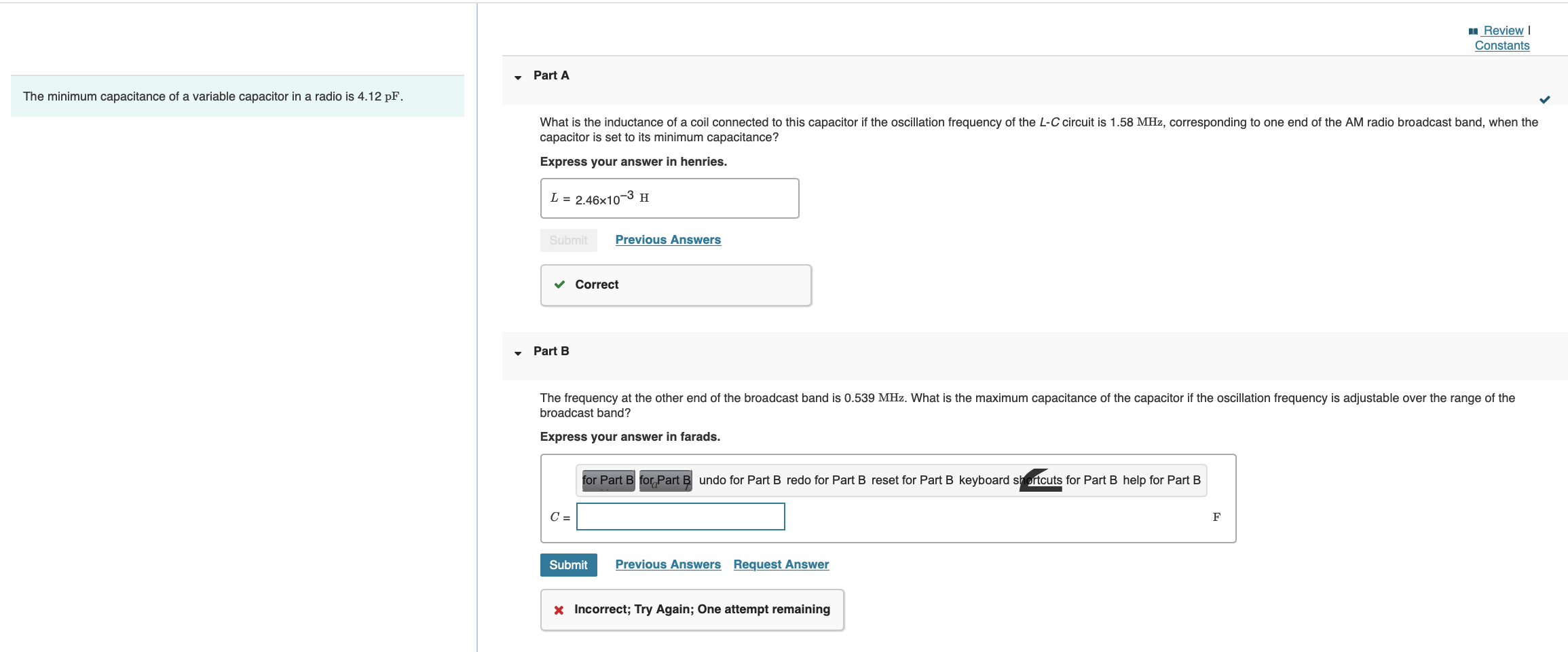 Solved The minimum capacitance of a variable capacitor in a | Chegg.com
