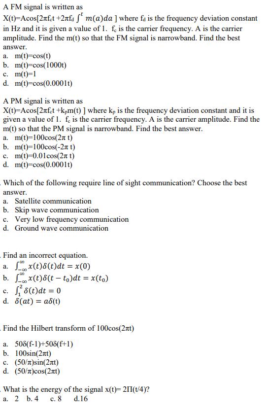 Solved A FM signal is written as X(t)=Acos[2nfet +2nfa S | Chegg.com