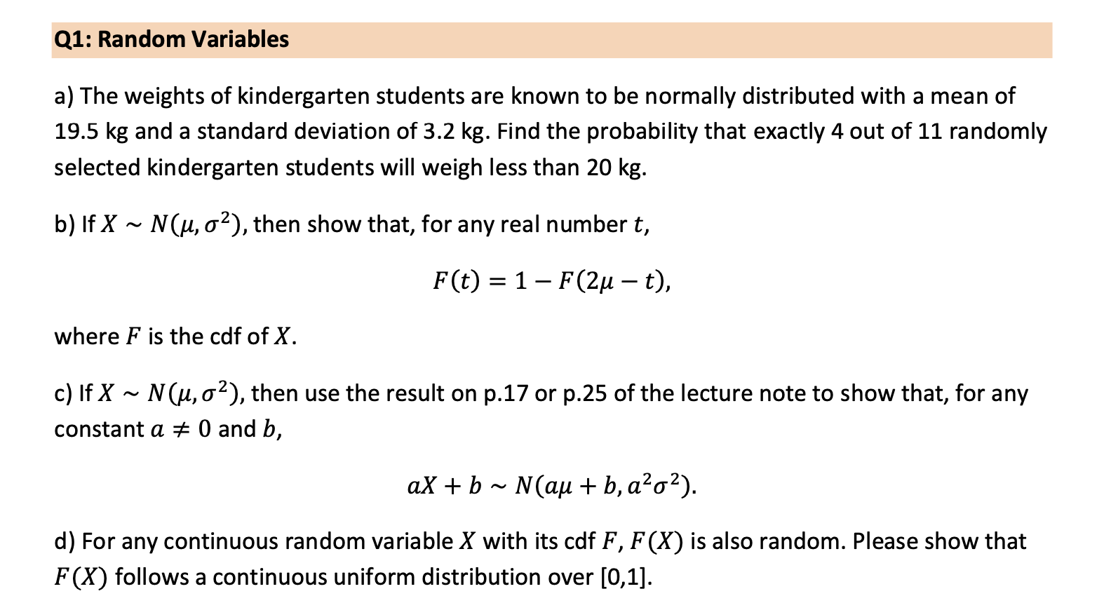 Q1: Random Variables a) The weights of kindergarten | Chegg.com