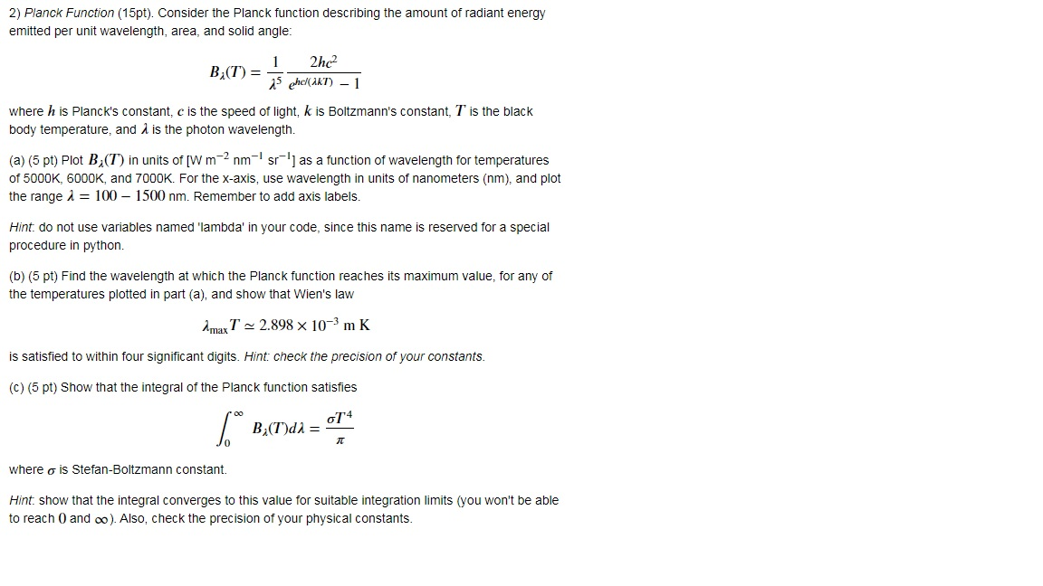 Solved 2 Planck Function 15pt Consider The Planck