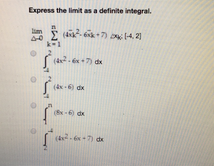Solved Express the limit as a definite integral. lim | Chegg.com