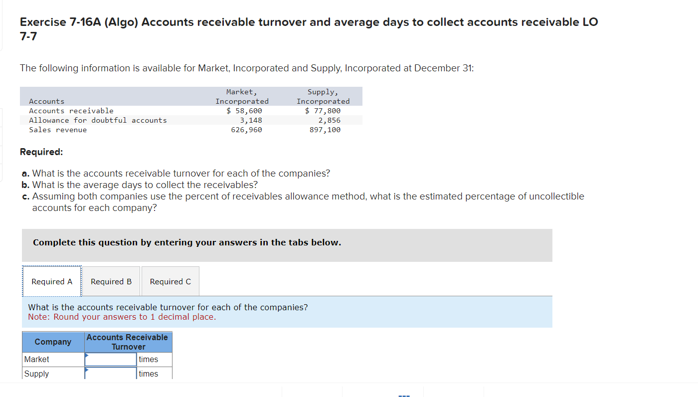 Solved Exercise 7-16A (Algo) Accounts receivable turnover | Chegg.com