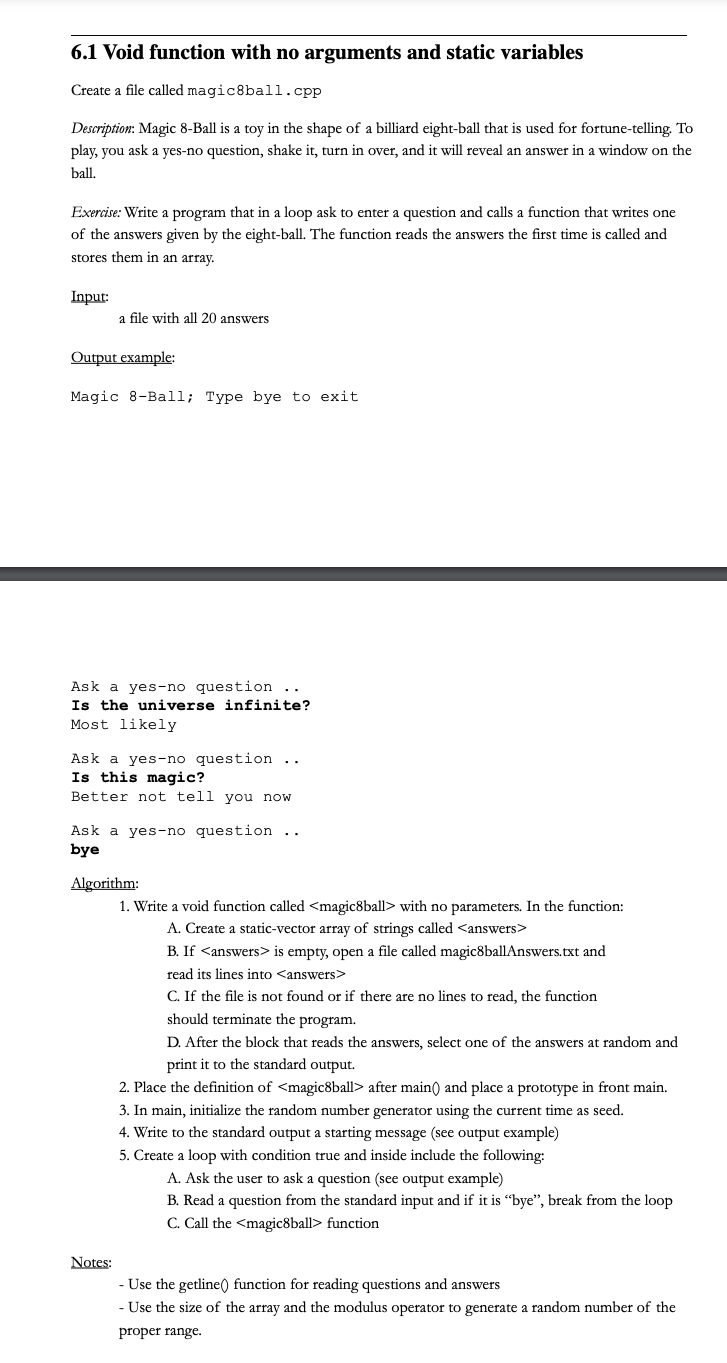 Solved 6.1 Void function with no arguments and static | Chegg.com
