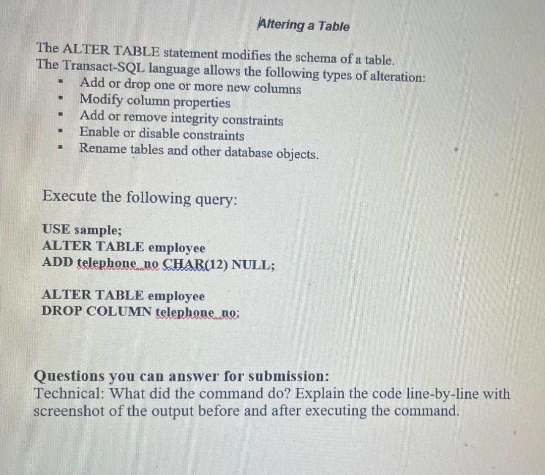 Solved Altering A Table The Alter Table Statement Modifies 7406