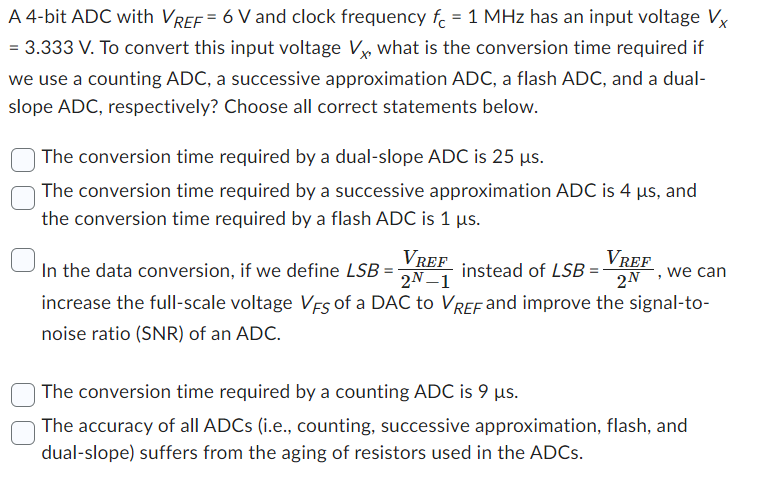Solved A 4-bit ADC with VREF=6 V and clock frequency fc=1MHz | Chegg.com