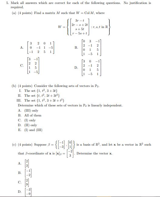 Solved 5. Mark all answers which are correct for each of the | Chegg.com