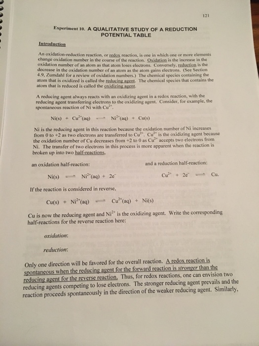 Solved 121 Experiment 10. A QUALITATIVE STUDY OF A REDUCTION | Chegg.com