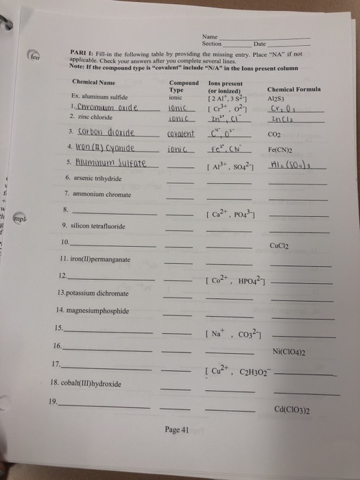 Solved Name Section Date PARI I: Fill-in the following table | Chegg.com