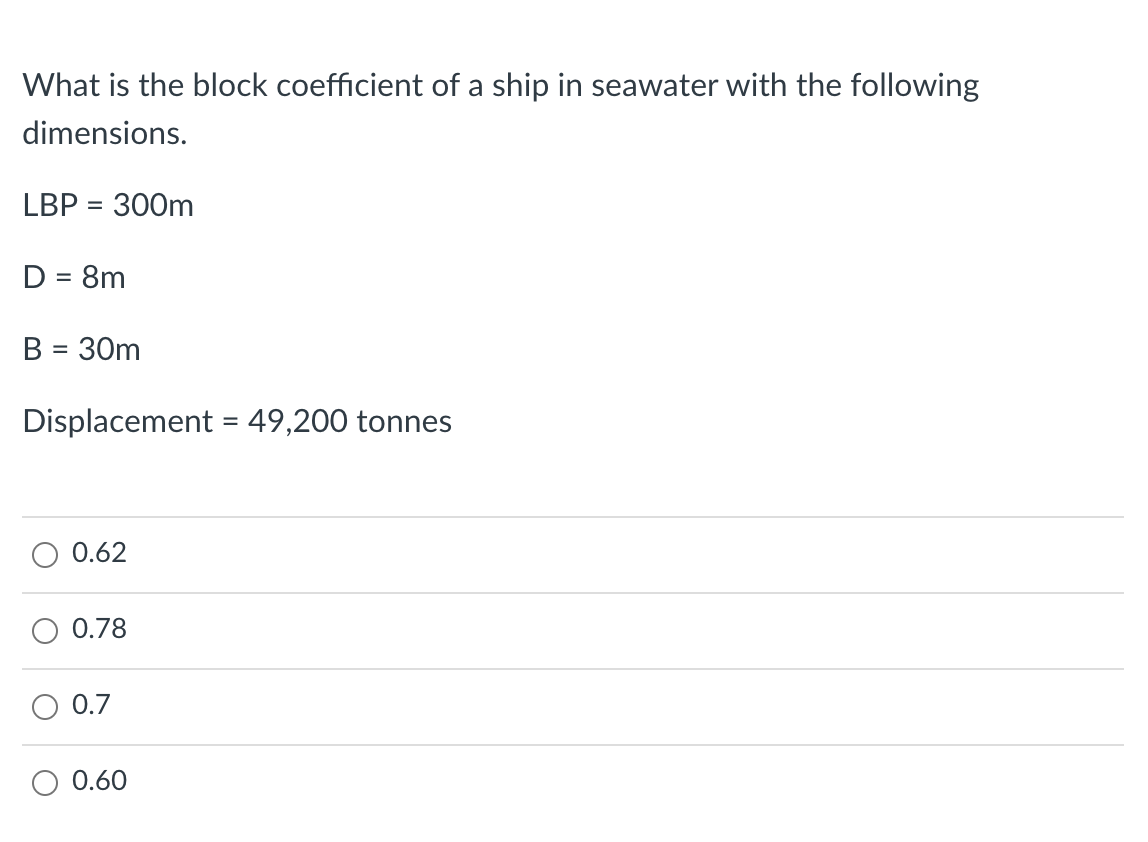 Solved What is the block coefficient of a ship in seawater | Chegg.com