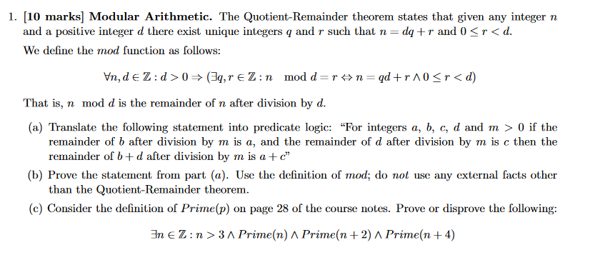 Solved 1. [10 marks] Modular Arithmetic. The | Chegg.com
