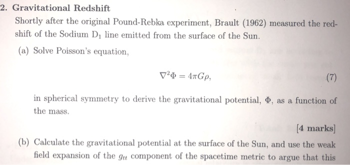 Solved 2. Gravitational Redshift Shortly after the original | Chegg.com
