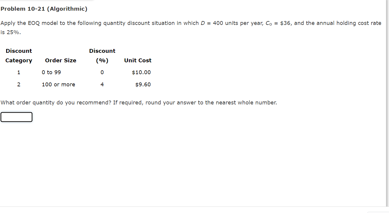 Solved Apply the EOQ model to the following quantity | Chegg.com
