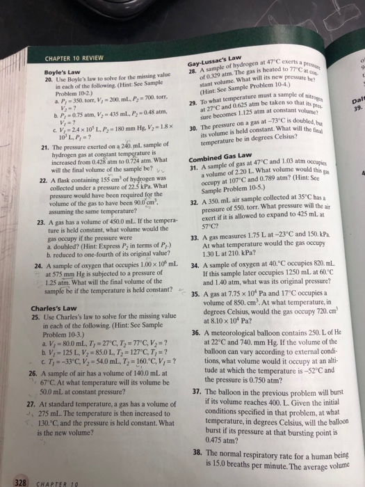 Solved CHAPTER 10 REVIEW A sample of hydrogen at 47 C exerts | Chegg.com