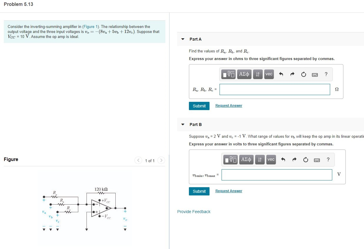 Solved Problem 5.13 Consider the inverting-summing amplifier | Chegg.com