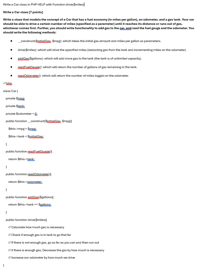 Solved Write a Car class in PHP HELP with Function | Chegg.com