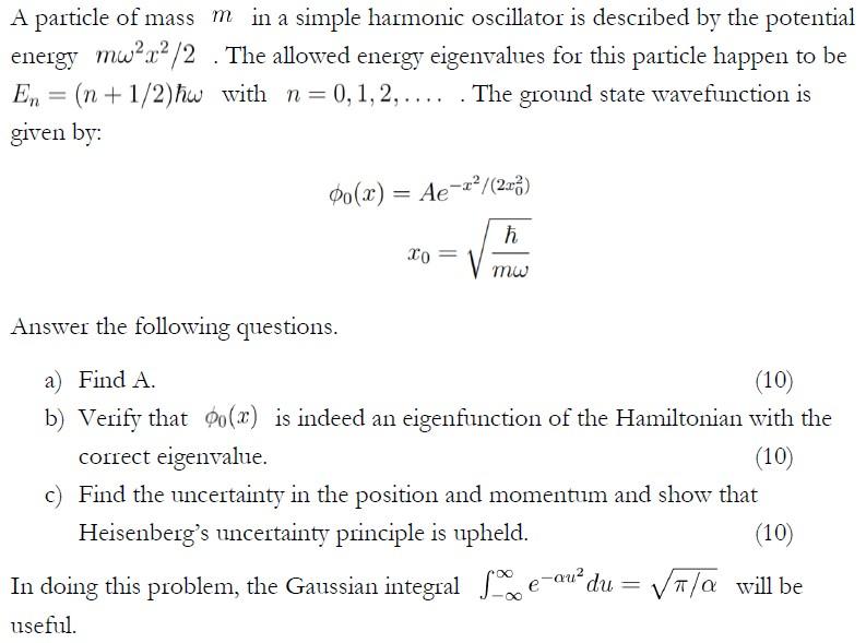 Solved A particle of mass m in a simple harmonic oscillator | Chegg.com