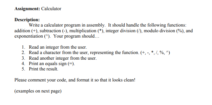 Solved Assignment: Calculator Description: Write a | Chegg.com
