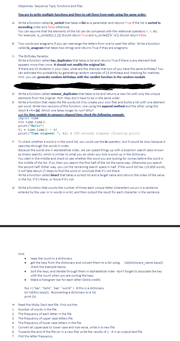 Solved Objectives: Sequence Type, functions and files. You | Chegg.com