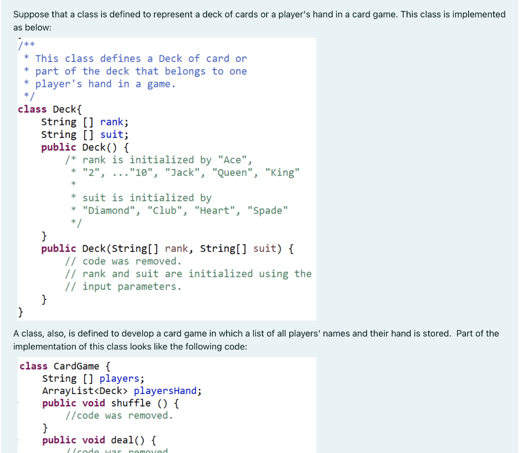 Solved Suppose that a class is defined to represent a deck | Chegg.com